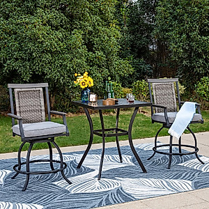 PHI VILLA 3 PCS Patio Counter Height Bar Set,Outdoor Swivel Bar Chair with Rattan Backrest and Grey Padded Cushion & Square Metal Table, Outdoor High Top Table and Chairs for All Weather in Garden