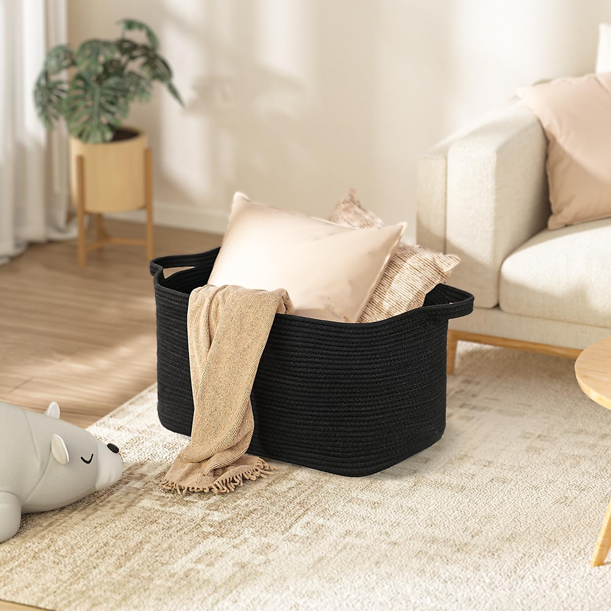 InnJoey 2PCS Large Blanket Basket, Cotton Rope Basket with Handles for Bathroom, Black Basket for Bedroom, Living Room, Nursery, Laundry room and Bathroom