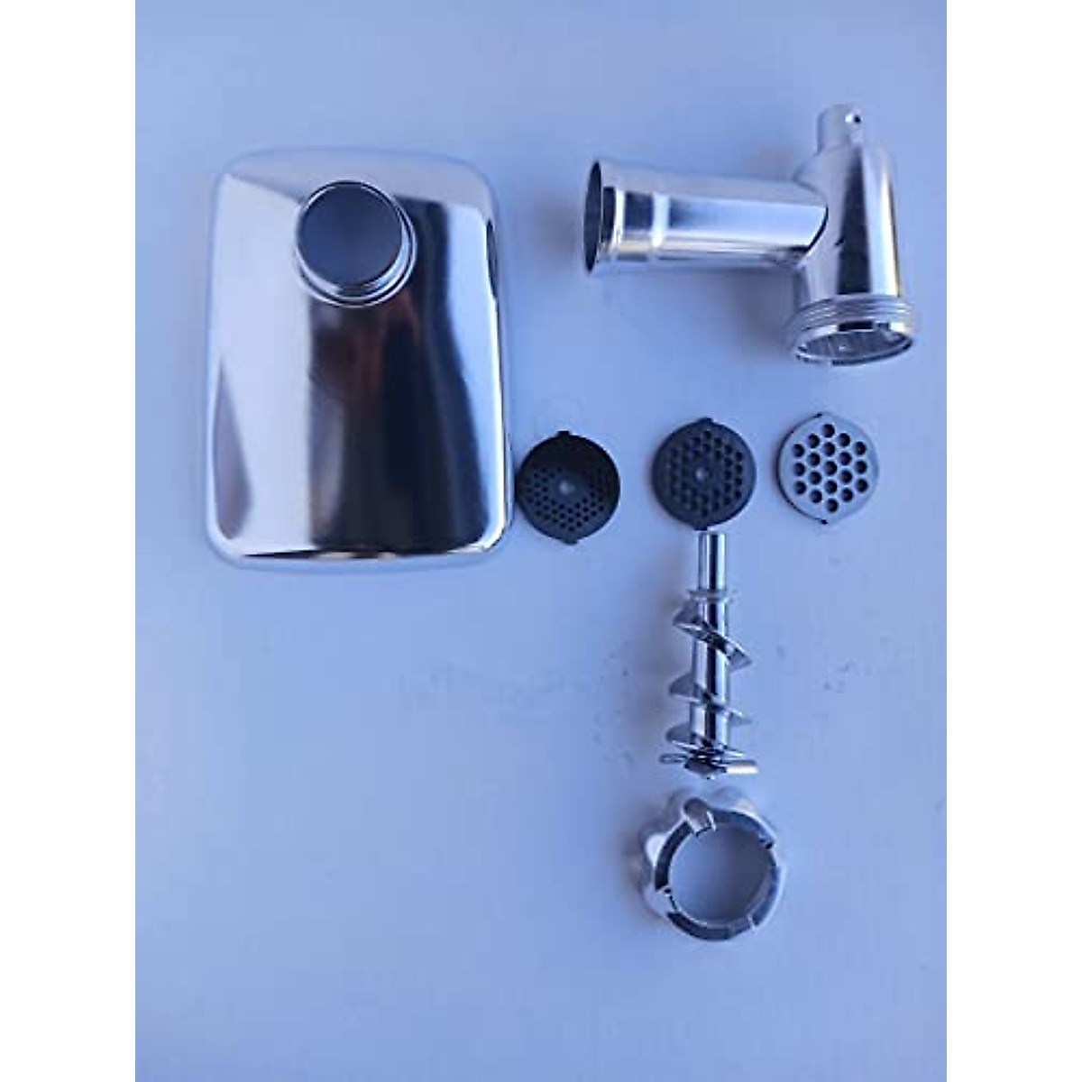 Meat Grinder attachments with feed tray, chute, and blade, Silver, 15x7