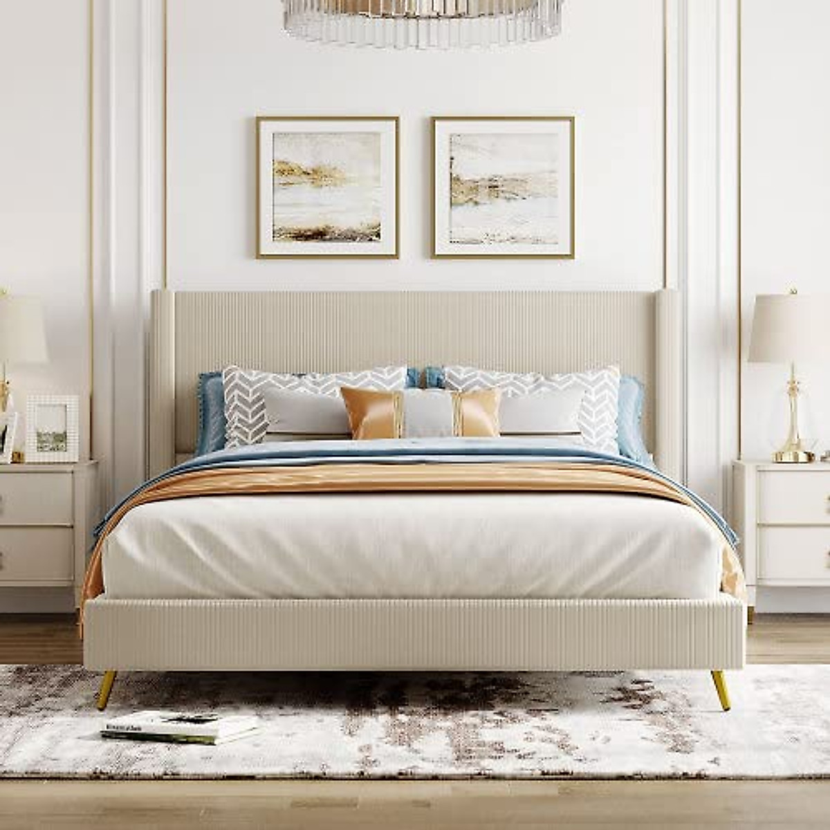 Queen Bed Frame Upholstered Platform with Headboard, Strong Frame and Wooden Slats Support, Corduroy Fabric Wrap, Non-Slip and Noise-Free,No Box Spring Needed, Easy Assembly (Beige)