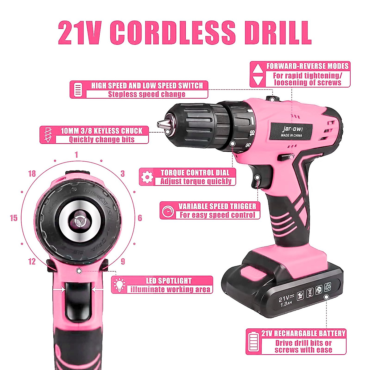 Pink 21V Cordless Drill Set for Women,Power Cordless Drill with Battery and Charger,Lightweight Complete Womens Tool Kit for House,Pink Tools Set with Electric Drill Driver for Home Office Repair