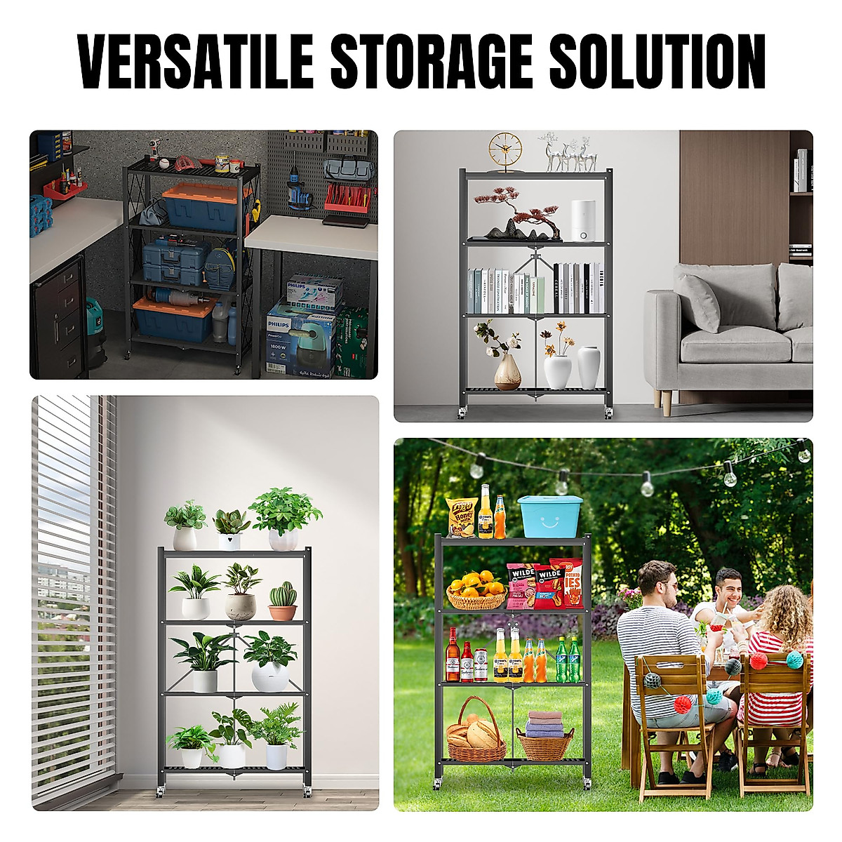 NEWWARE Storage Shelves 4-Tier Foldable, Metal Organizer and Storage Rack for Bathroom Kitchen, Display Storage Shelf with Wheels, No Assembly Shelving Unit for Pantry and Garage 4 Hooks, Black