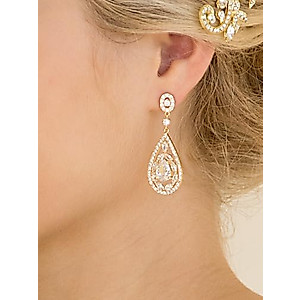 Mariell Gold Dangle Earrings for Brides with Cubic Zirconia Crystals, Art Deco Mosaic Design, Earrings for Wedding, Prom, Mother of the Bride