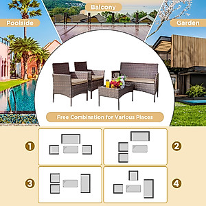 PROHIKER 4 Piece Outdoor Wicker Patio Conversation Furniture Set, Rattan Chair Wicker Sofa Garden Conversation Sets with Cushion and Glass Table for Yard Pool or Backyard, Brown/Khaki