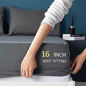 Shilucheng Bed Sheet Set Microfiber 1800 Threads Egyptian Super Soft Sheets 16-Inch Deep Pocket - Hypoallergenic - 6 Piece (Dark Grey, Queen)