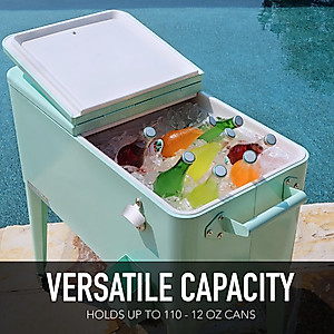 Permasteel 80-Qt Classic Outdoor Patio Cooler for Outside |Rolling Beverage Cooler Bar Cart with Wheels & Handles, Retro Design, Mint