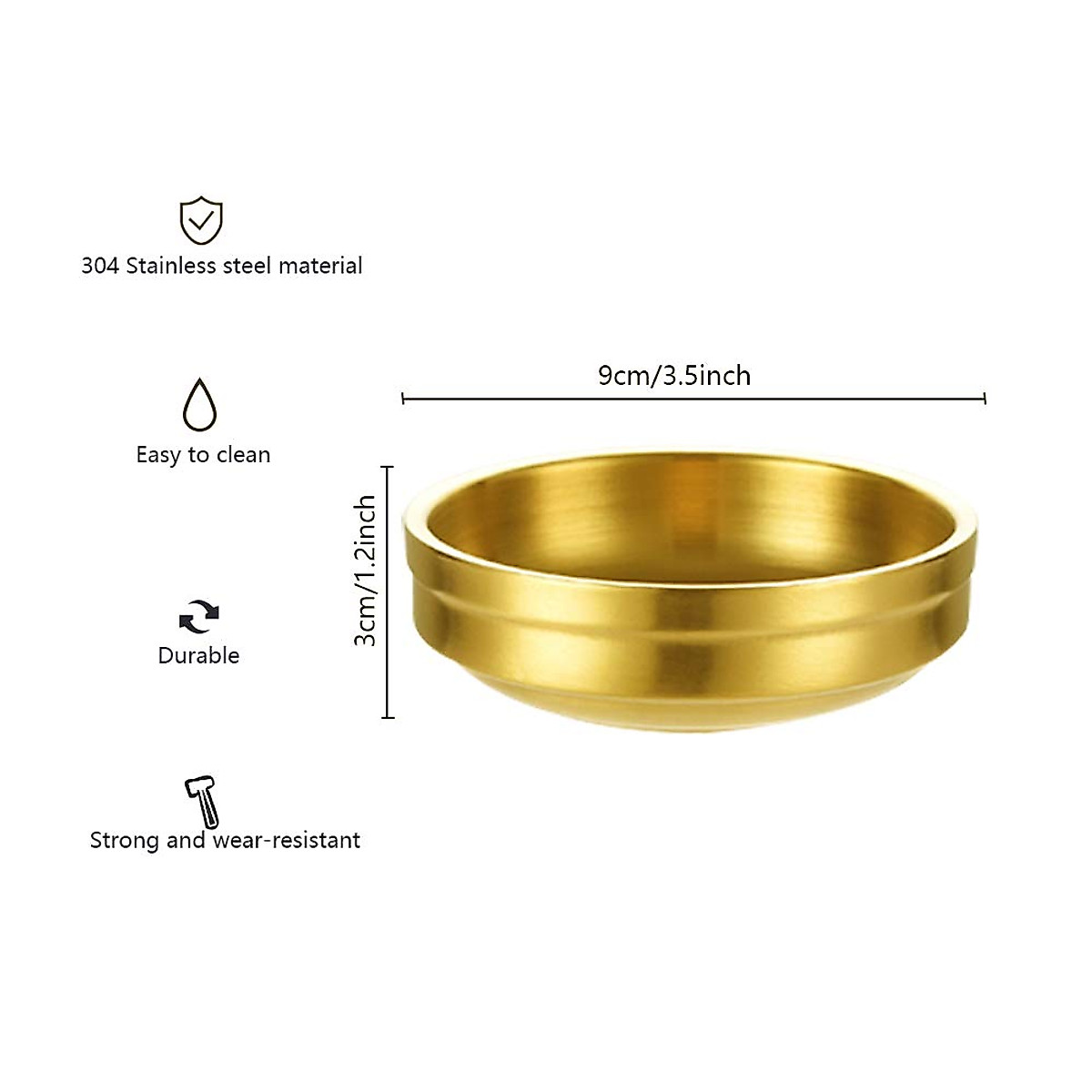 4PCS Double-Deck Mini Stainless Steel Sauce Dish, Round Seasoning Bowls, Sushi Dipping Pinch Bowls, Salad Dressing Plates for Appetizer, Side Dish, French Fries, Ketchup (3.5oz, Gold)