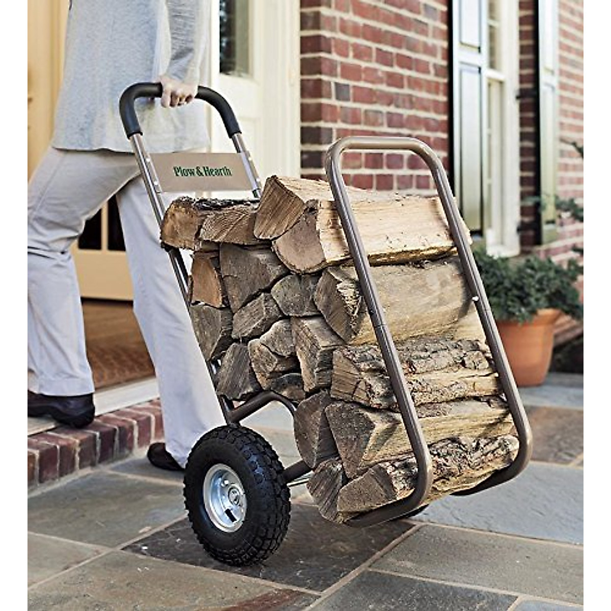 Plow & Hearth Indoor Outdoor Rolling Firewood Log Cart| Wood Rack and Carrier with Pneumatic Wheels| Heavy-Duty| Rolls Up and Down Stairs| All-Terrain| 20" W x 22" D x 42" H