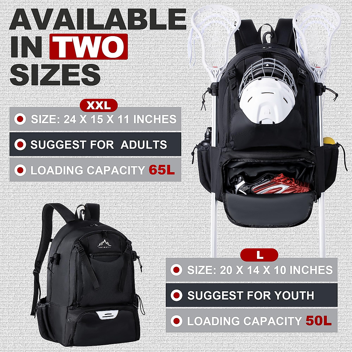 GoHimal Lacrosse Bag Extra Large Lacrosse Backpack with Tow Stick Holder (Black)