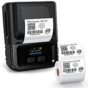 Phomemo M120 Label Maker- Barcode Printer Bluetooth Thermal Label Maker Machine 2 Inch 50mm Barcode Label Printer for Retail, QR Code, Small Business, Compatible with Android, iOS & PC, Black