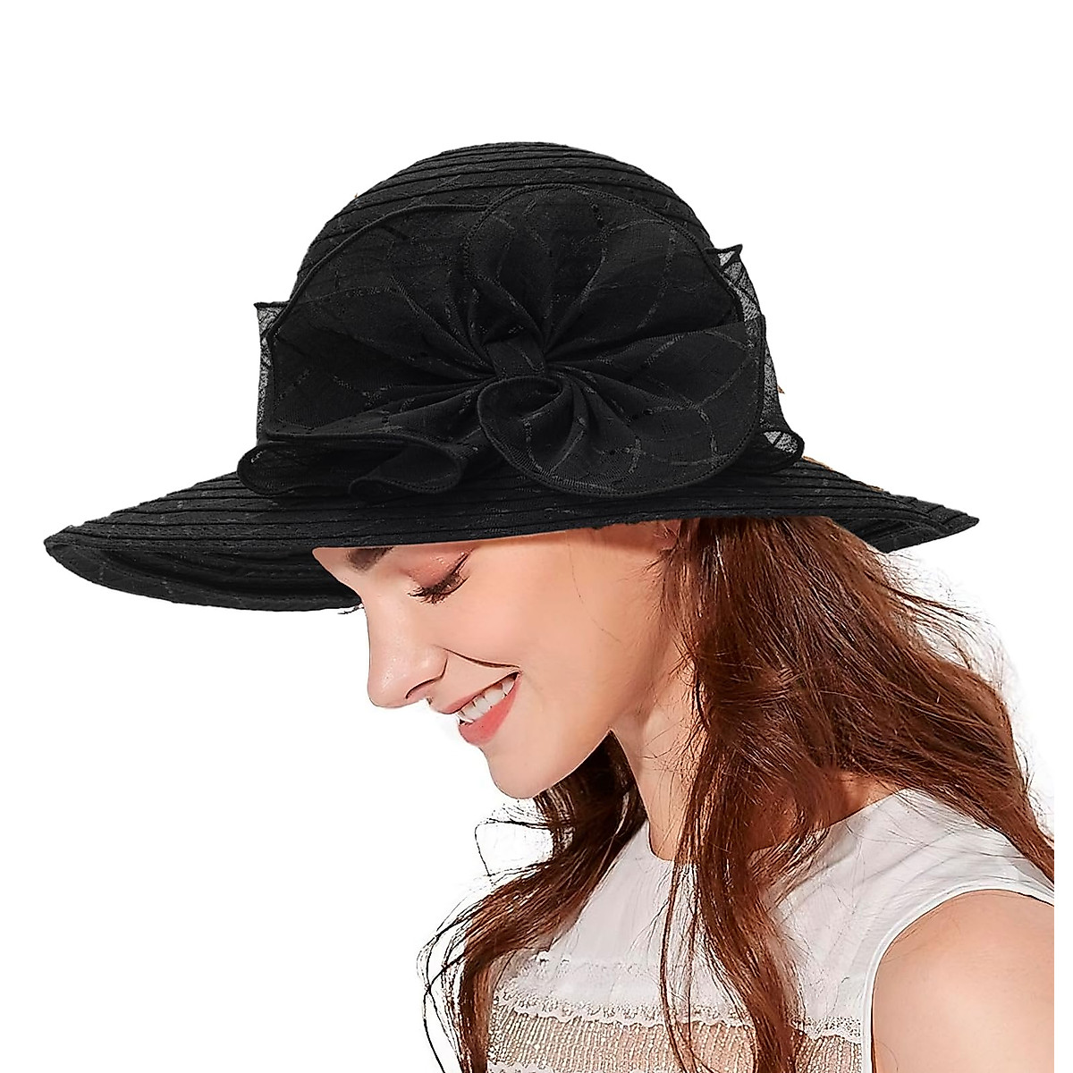 Women Organza Church Hat - Wide Brim Sun Hat Wedding Bridal Flower Church Hat Fascinator Hat (US, Alpha, Medium, Black)