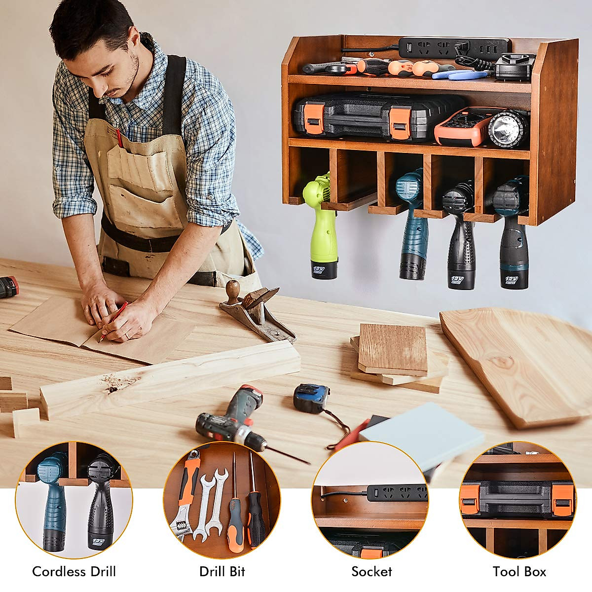 XCSOURCE Power Tool Organizer Storage, Drill Holder Wall Mount Drill Charging Station, Garage Tool Wall Cabinet Storage, Wood Cordless Drill Tool Organizer for Workshop Workbench (Easy Assembly)