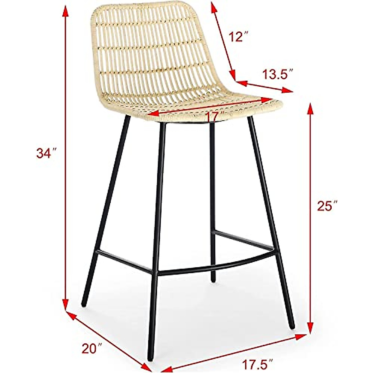ECLYL Natural Rattan Counter Stool 25" Counter Height Bar Stools Rattan Bar Stools Indoor Stools Rattan Counter Stools Set of 2 Black Finish Steel Legs Woven Bar Stool 17.5" Wx20 Dx34 H (Natural)