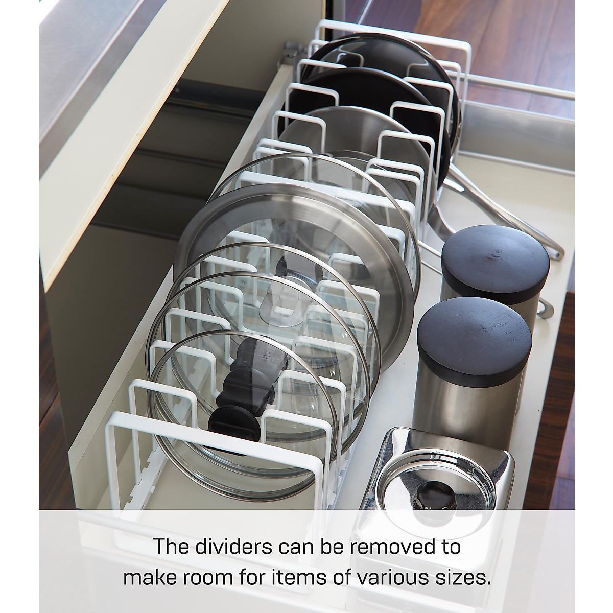 YAMAZAKI Home Tower Under Sink Pot Lids And Frying Pan Storage Kitchen Drawer Organizer Rack - Steel