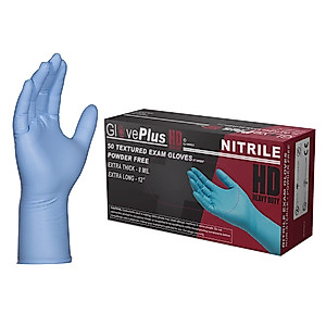 GLOVEPLUS HD Medical Blue NitrileGloves - 8 mil, 12 inches Long, Latex Free, Powder Free, Textured, Disposable, Non-Sterile, Medium,GPNHD64100-BX, Box of 50