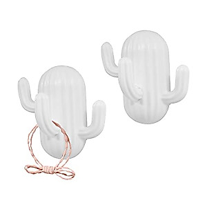 2 Pack Cute Cactus Shape Adhesive Hooks with 3 Hooks, Decorative Wall Hooks, Key Hooks Door Hooks, Sticky Hooks for Hair Rope, Loofah, Towel, White (White)