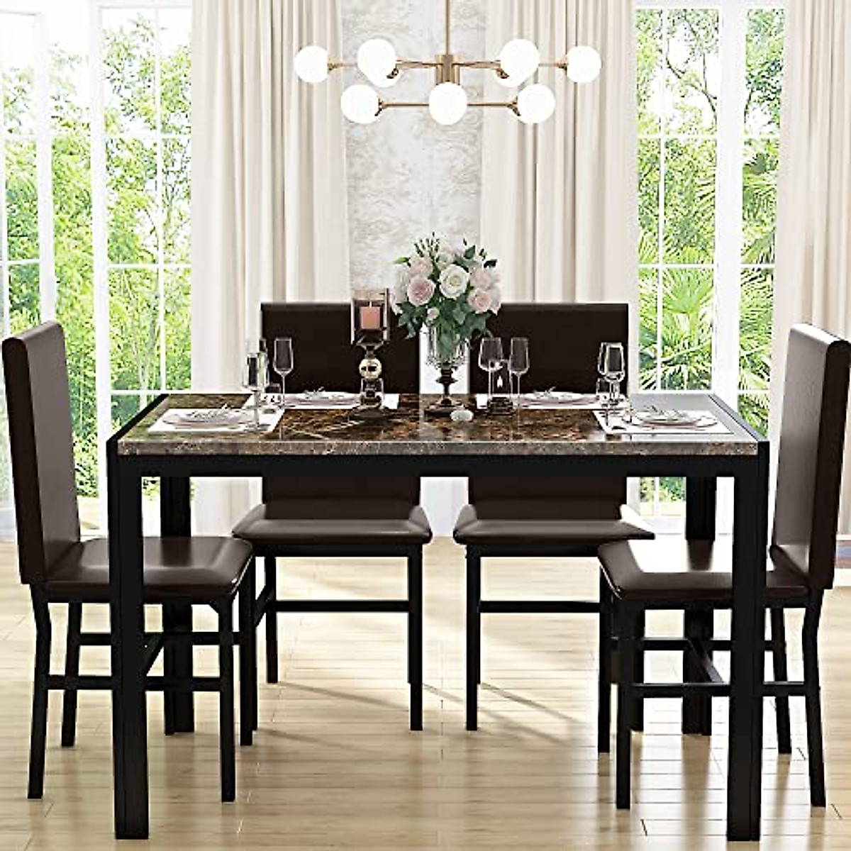 DKLGG Marble Dining Table Set for 4, 5-Piece Faux Marble Kitchen Table and Chairs for 4, Space Saving Dining Room Table Set w/4 Upholstered PU Leather Chairs, Ideal for Dining Room, Kitchen, Corner