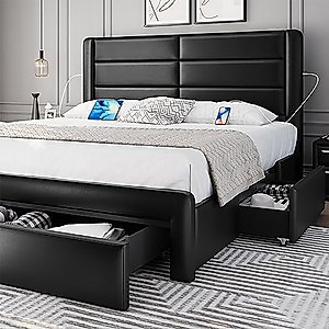 Yaheetech King Size Bed Frame with 2 USB Charging Station/Port for Type A&Type C/3 Storage Drawers, Leather Upholstered Platform Bed with Headboard/Solid Wood Slat Support/No Box Spring Needed/Black