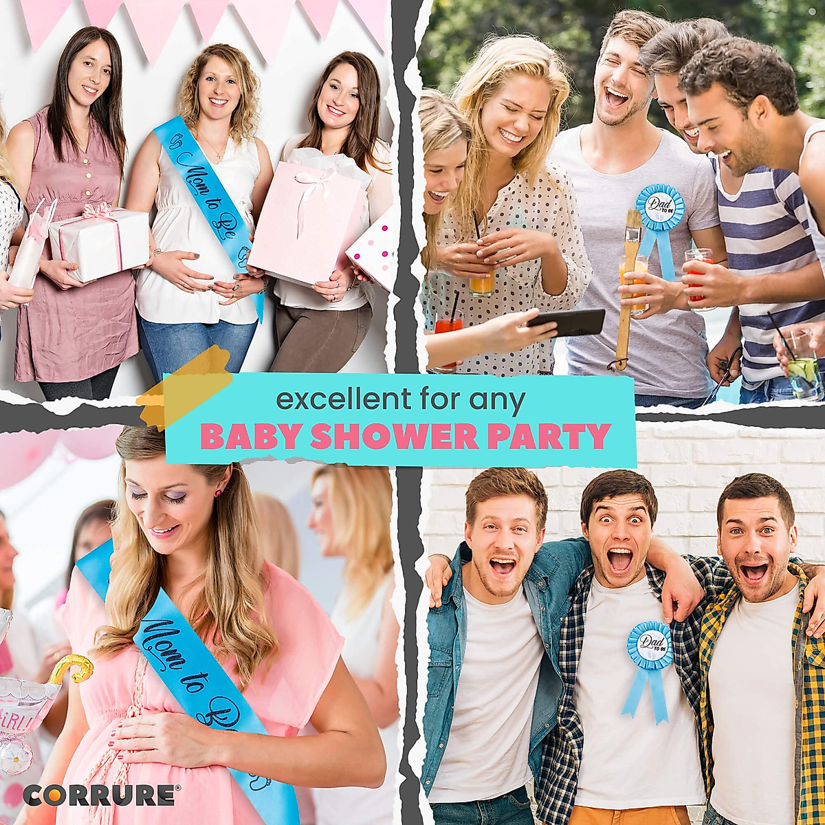 CORRURE Baby Shower Sash and Button Pin for Boy - 'Mom to Be' Sash and 'Dad to Be' Pin with Beautiful Blue Ribbon and Black Glitter Text - Ideal Mom and Dad Gift for Gender Reveal/Baby Shower