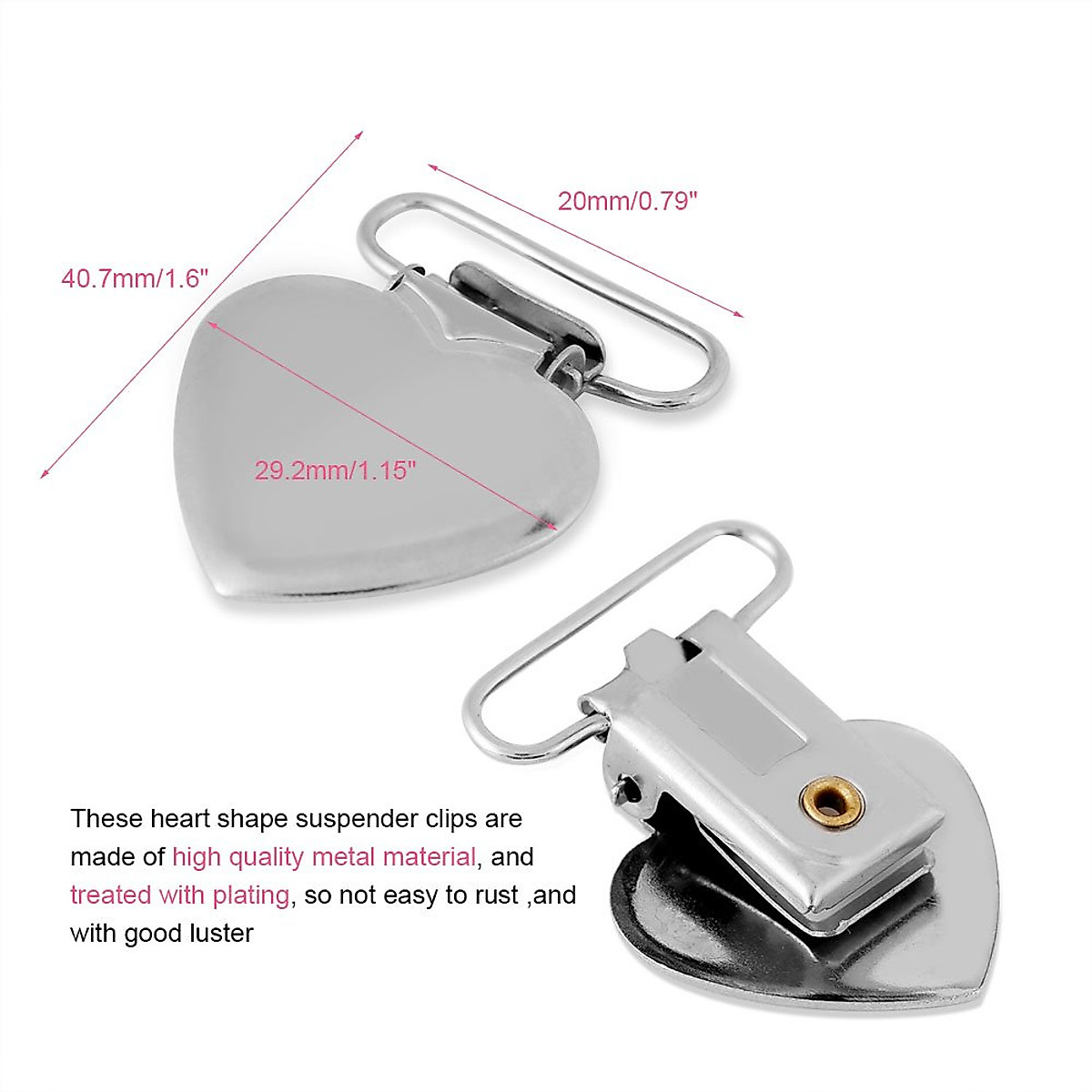 10Pcs Heart Suspender Clips, 20mm Baby Teething Toys Silver Blankets Clips Heart Shaped Suspender Braces Clips Holder for Baby Home Use