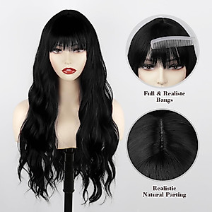 Black Wave Wigs with Bangs Body Wave Wigs for Women Glueless Curly Wigs Synthetic Long Wave Wigs Hair Replacement Wigs For Girls Daily Use Heat Resistant Natural Black 24 Inch
