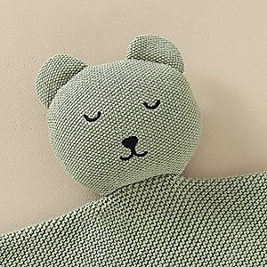 Hadetoto Baby Security Blanket Bear Newborn Babe Lovey Snuggly Adorable Cozy Cotton Baby Knit Blankets for Unisex Infants Boys and Girls Gifts, Light Green