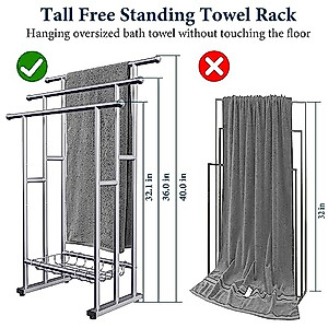 40" Tall Freestanding Towel Racks for Bathroom, 3 Tier Floor Towel Rack with Storage Basket, Blanket Ladder Drying and Display Rack for Large Bath Towel & Hand Towel Outdoor Poolside (Silver)