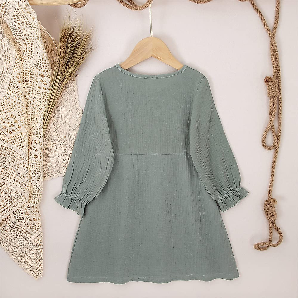 IZYJOY Toddler Baby Girl Cotton Linen Dress Long Sleeve Crew Neck Dresses Button Down Adjustable Belt Casual Fall White Dress (Green, 2-3T)