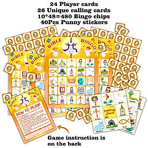 Bible Bingo Game for Kids Adults Christian Sunday Church Game Bible Activities 24 Bingo Cards Sets for Family Open Day Vacation Bible School Decorations, Easter Gifts, Holiday Party Favors Supplies