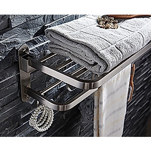 ELLO&ALLO Stainless Steel Towel Racks for Bathroom Shelf Double Towel Bar Holder with Hooks Wall Mounted Multifunctional Foldable Brushed Nickel