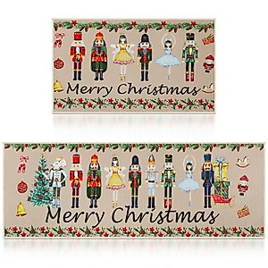Tinideya 2 Pcs Christmas Nutcrackers Merry Christmas Decorative Kitchen Mats Watercolor Holiday Doormat Outdoor Non Slip Kitchen Rugs for Outdoor Floor Bathroom Holiday, 17 x 29 Inch and 17 x 47 Inch