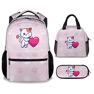 CUNEXTTIME Cat Backpack with Lunch Box, Set of 3 School Backpacks Matching Combo for Girls Boys, Cute Pink Bookbag and Pencil Case Bundle