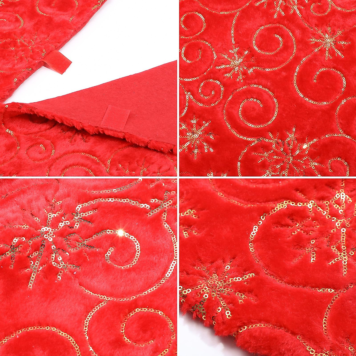Joyyy Christmas Tree Skirt Red, 48inch Luxury Faux Fur Snowflake Beaded Tree Skirt for Holiday Christmas Party Tree Decoration