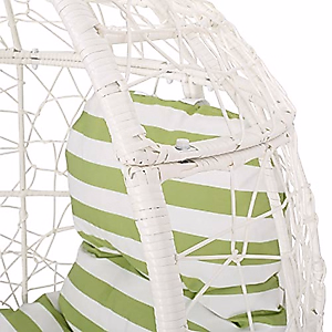 Valerie Outdoor Wicker Teardrop Chair with Cushion, White and Green