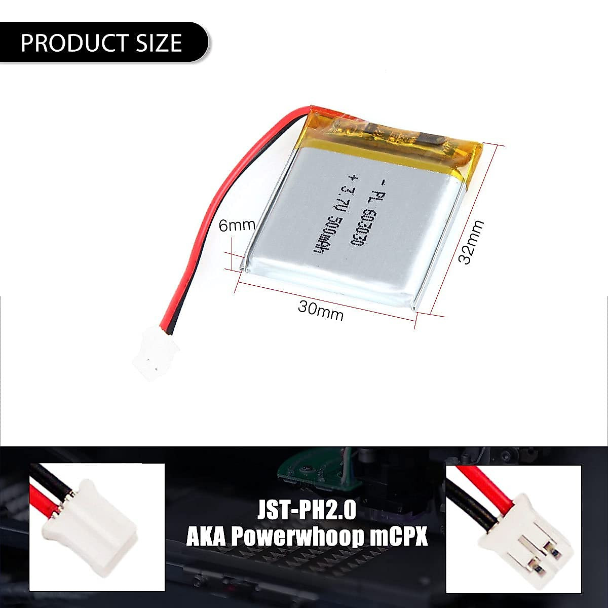 AKZYTUE 3.7V 500mAh 603030 Lipo battery Rechargeable Lithium Polymer ion Battery Pack with PH2.0mm JST Connector