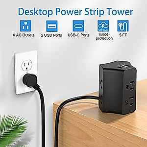 Power Strip Tower, Flat Extension Cord with 6 AC Outlets and 3 Extra Charging Ports, Surge Protector Power Strip Tower 5 FT, Flat Plug Power Strip 1250W, USB Charging Station for Home,Office,Dorm
