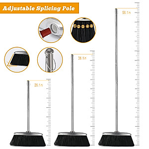 Broom and Dustpan Set for Home, Upright Broom and Dust Pan with Long Handle, Heavy Duty Stainless Steel Dustpan with Broom Combo Set for Sweeping Indoor Outdoor Kitchen Lobby Floor, Black