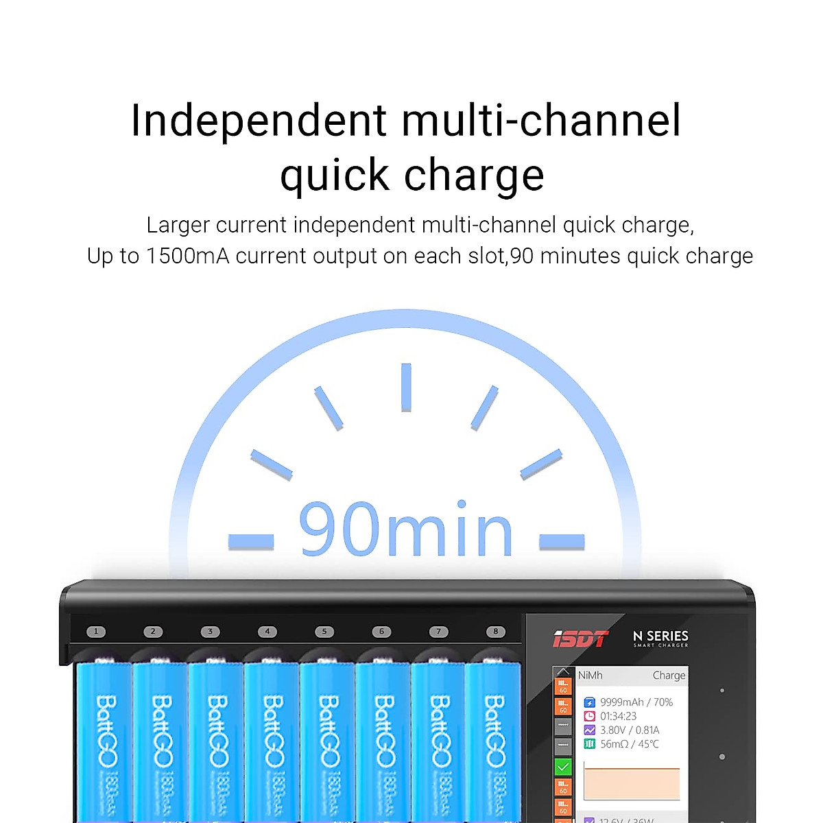 ISDT N16 36W 1.5A 16-Slot Speedy Smart LCD Display Universal Battery Fast Quick Charger for Rechargeable Batteries AA AAA Li-lon LiHv Ni-MH Ni-Cd Nizn LiFePO4 with AC Wall Adapter