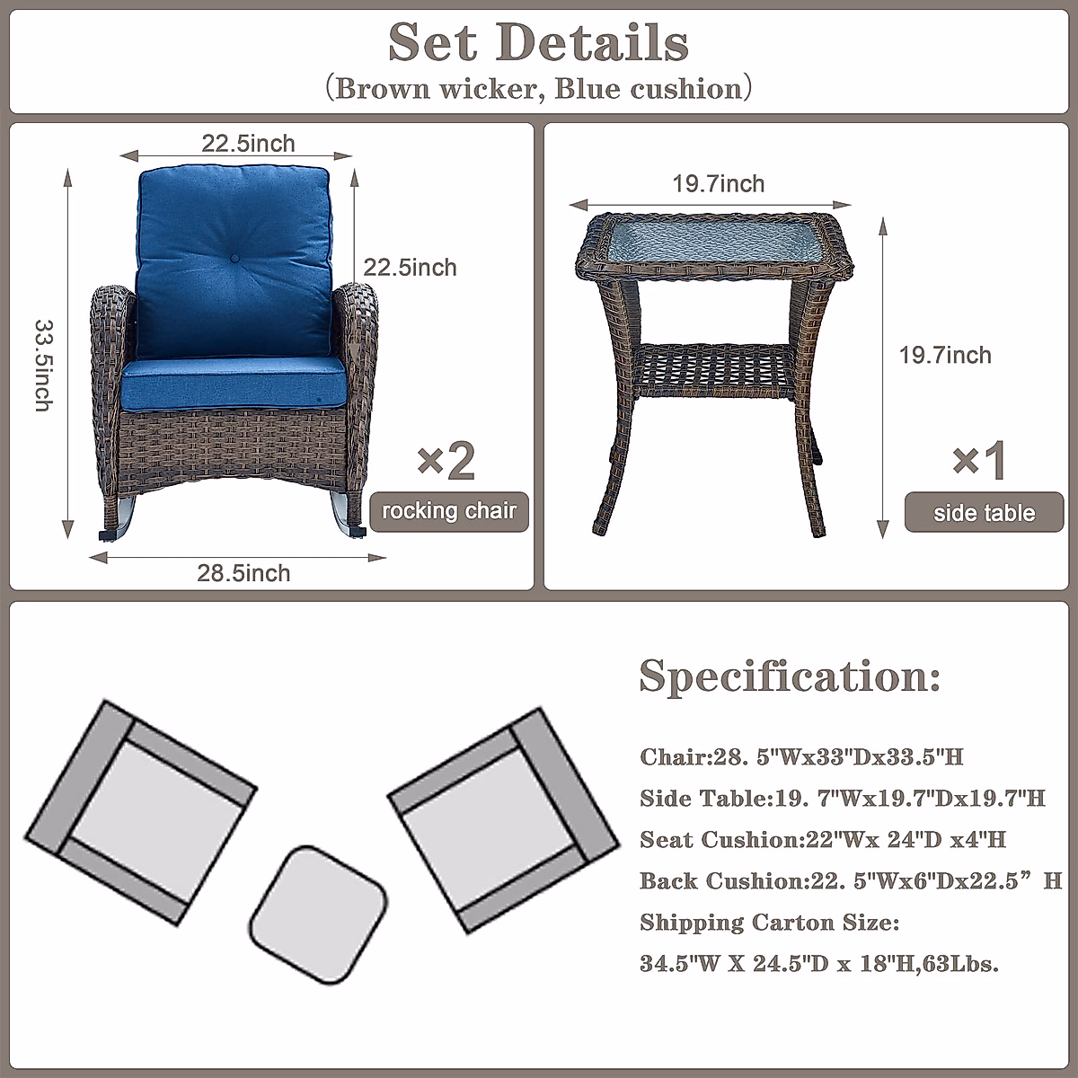 Belord Wicker Porch Rocking Chairs - 3 Pieces Patio Bistro Set High Back Outdoor Rocker Chairs Set with Side Table for Deck Balcony Brown