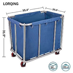 12 Bushels Laundry Cart Commercial/Home,Heavy Duty Large Stainless Steel Rolling Laundry Basket with Wheels，for Laundry Organizer and Storage,286LBS Load (12 Bushels - Blue - 10 Tubes)