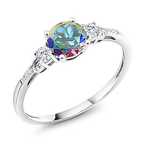 Gem Stone King 10K White Gold 6MM Round Gemstone Birthstone White Created Sapphire & White Diamond Accent 3-Stone Engagement Ring | Three-Stone Wedding Anniversary Promise Ring For Women