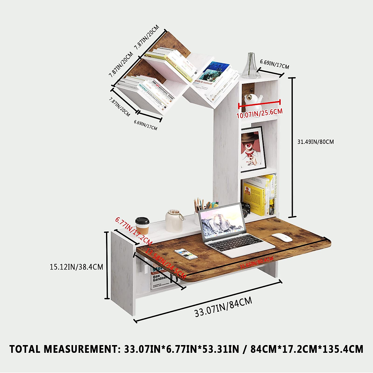 Bixiaomei 33'' Folding Wall Mounted Drop Leaf Table, Foldable Desk with Moveable Cabinets, Floating Laptop with Convertible Storage Shelves, Multifunctional Computer Workstation