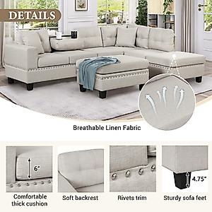 P PURLOVE Sectional Sofa with Reversible Chaise and 2 Pillows, Linen L-Shaped Sofa with Storage Ottoman and Cup Holders, Sectional Couche Living Room Furniture Sets (Light Gray)
