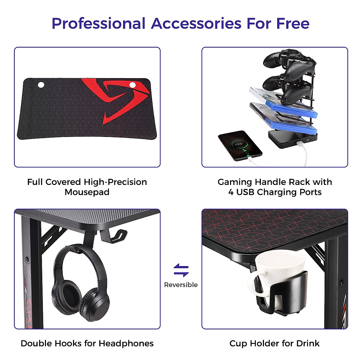 It's_Organized 47 inch Gaming Desk Racing Style Computer Desk with Free Mouse pad, T-Shaped Professional Gamer Game Station with USB Gaming Handle Rack, Cup Holder & Headphone Hook,Black