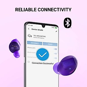 TCL SOCL500TWS Wireless Earbuds with Pumping Bass, Type-C Charging Case 26H Playtime, Bluetooth 5.0, Secure Fit, Waterproof, Noise Isolation, One Step Pairing for Gym - Sunset Violet