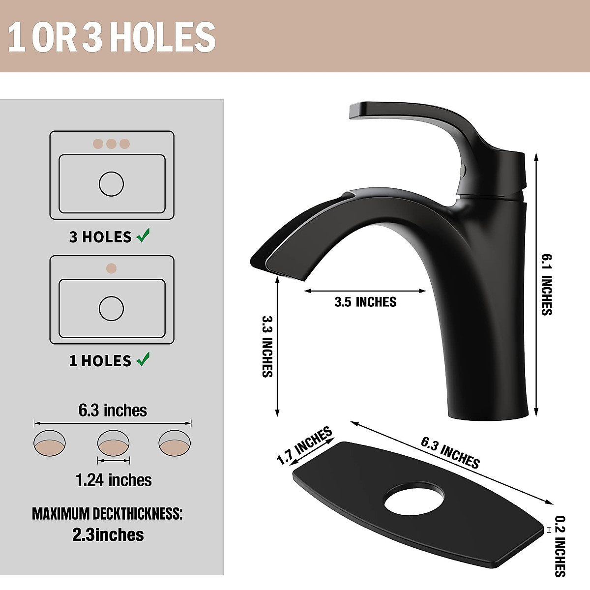 DJS Waterfall Single Handle Modern Bathroom Faucet, Brushed Nickel, 1 or 3 Hole Bathroom Sink Faucet Mixer Tap, with Deck, Pop-up Drain and Supply Hoses