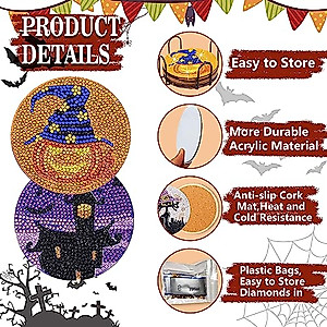 8 Pcs Halloween Diamond Painting Coasters for Drinks, DIY Diamond Painting Kits with Holder Cork Pad, Diamond Art Coasters for Beginners Kids Adults Halloween Spooky Party Art Craft Supplies