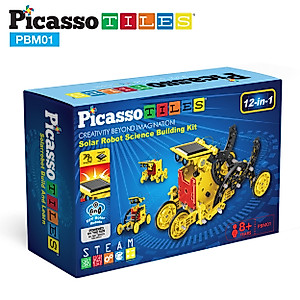 PicassoTiles STEM Kids Solar Powered Transformer Robot Educational Learning Engineering Building Toy 12-in-1 Creative Unique Transformation Renewable Energy Science Experiment DIY Kit Boy Girl Age 8+
