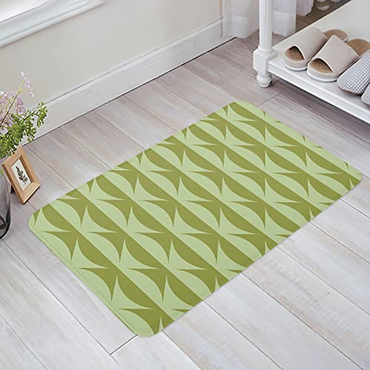 Prironde Front Door Mats Outdoor Indoor Kitchen Mat, Mid Century Abstract Geometry Green Pattern Entrance Doormat Non-Slip Bathroom Rugs Washable Floor Mats for Sink/Porch, 18" x 30"