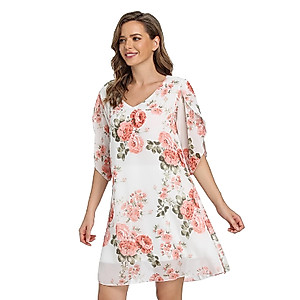 1stvital Women's Loose Chiffon Dresses Short V Neck Dress Cocktail Party Elegant Evening Dress Open Sleeve White&Red Floral,M Pink Flowers